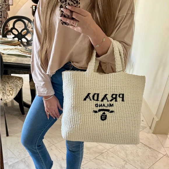 Prada | Bags | Prada Raffia White Knit Tote Beach Bag | Poshmark